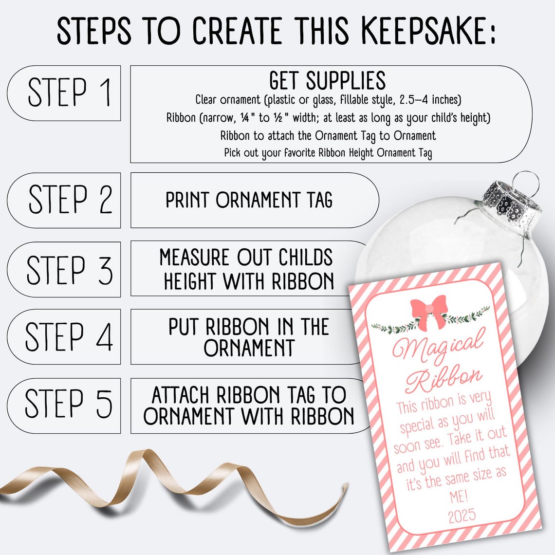 Height Keepsake Ornament Tag: Ribbon Growth Tracker (digital Download ...