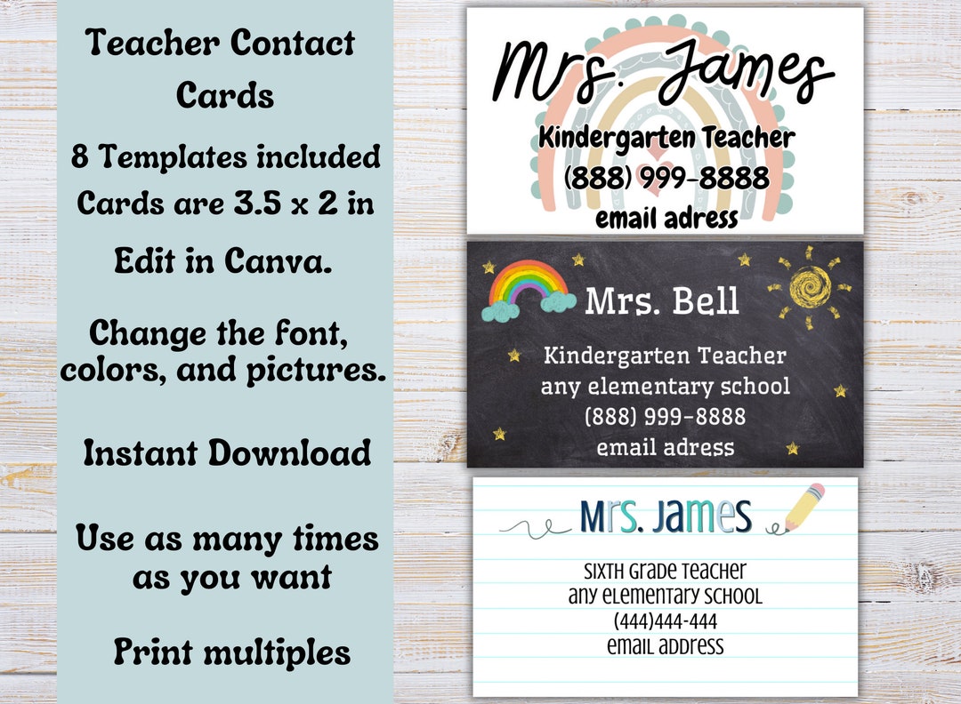 Editable Teacher Contact Cards: Back to School Template (digital ...