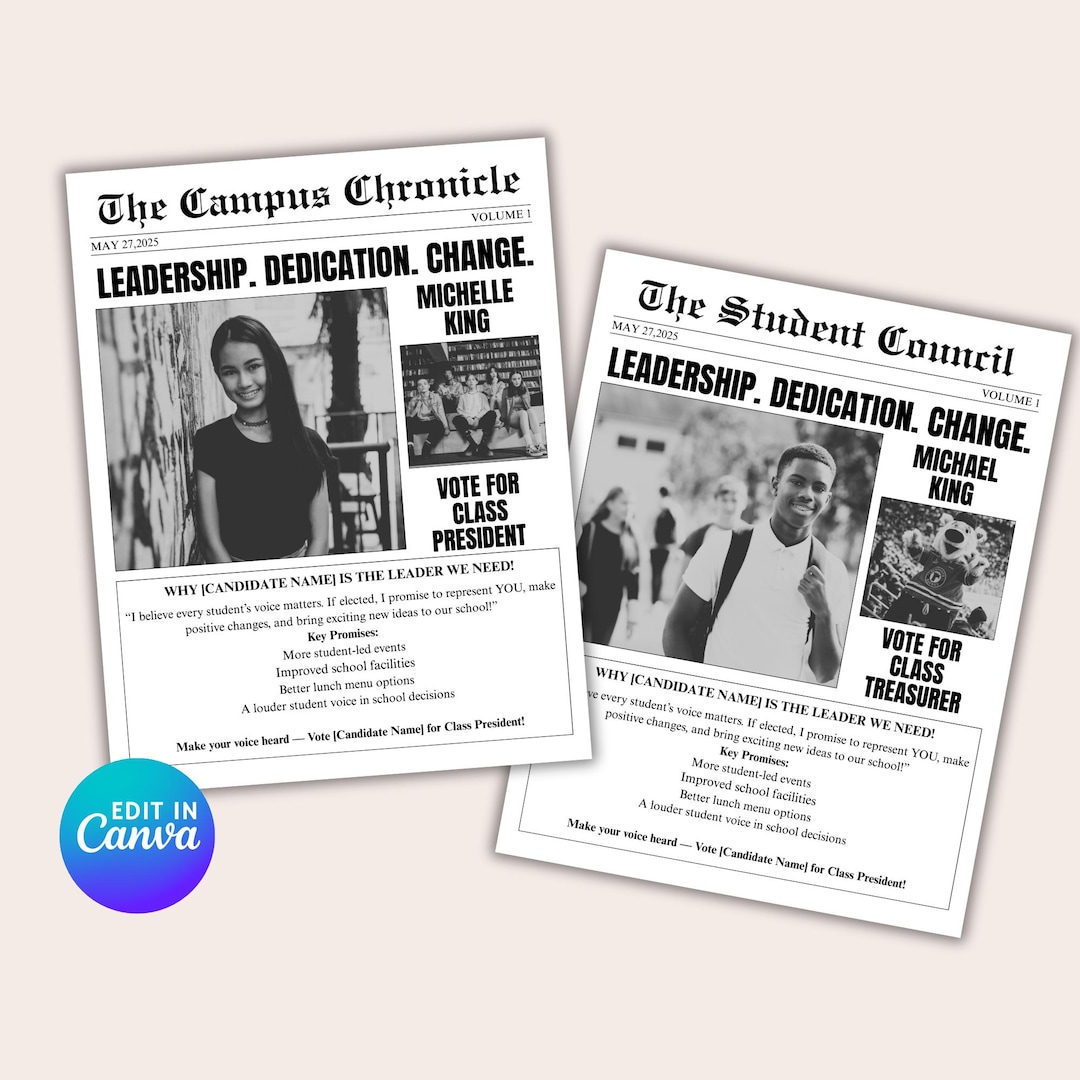 Newspaper Style Student Council Campaign Flyer: Editable Canva Template ...