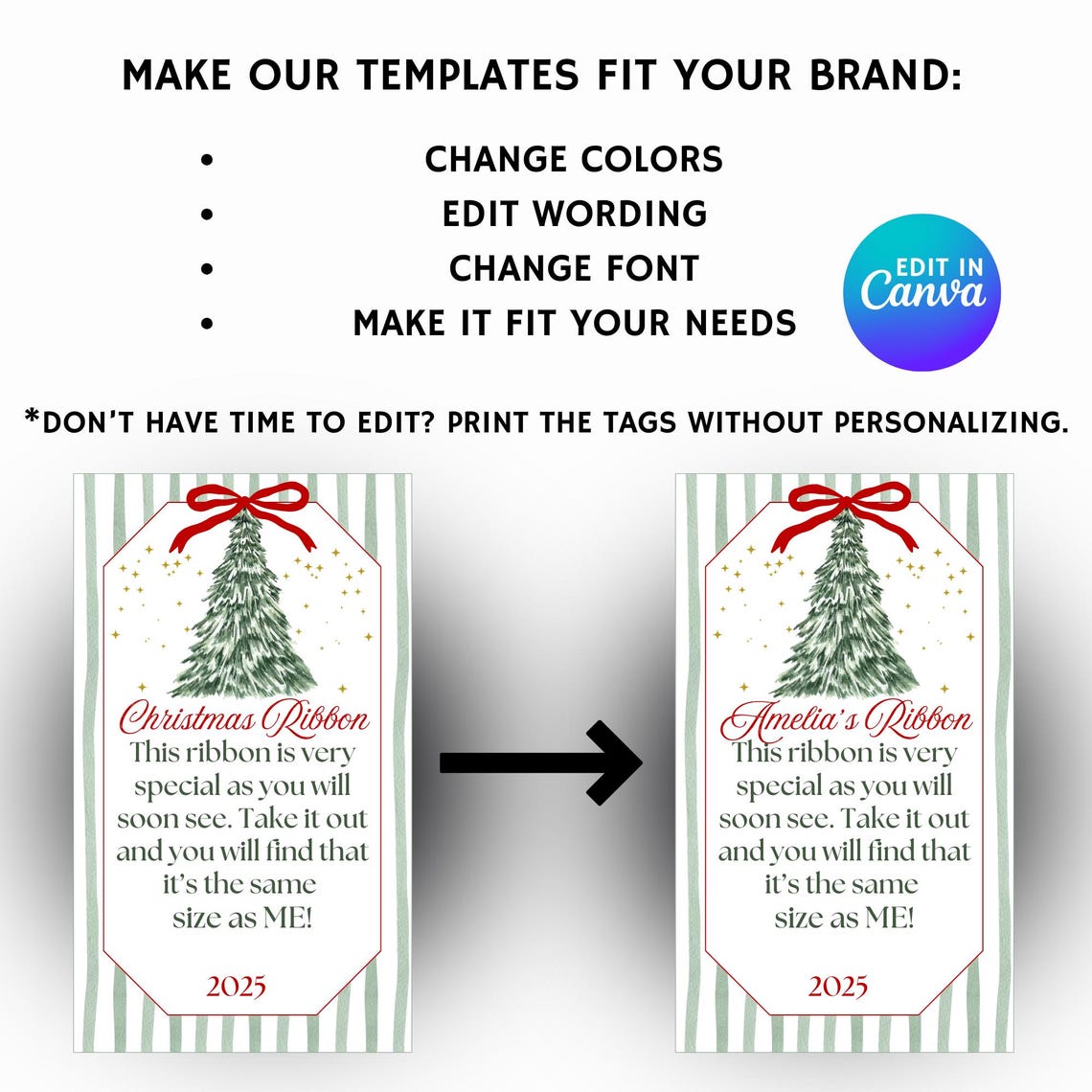 Editable Christmas Ornament Tag: Ribbon Height Keepsake (digital ...