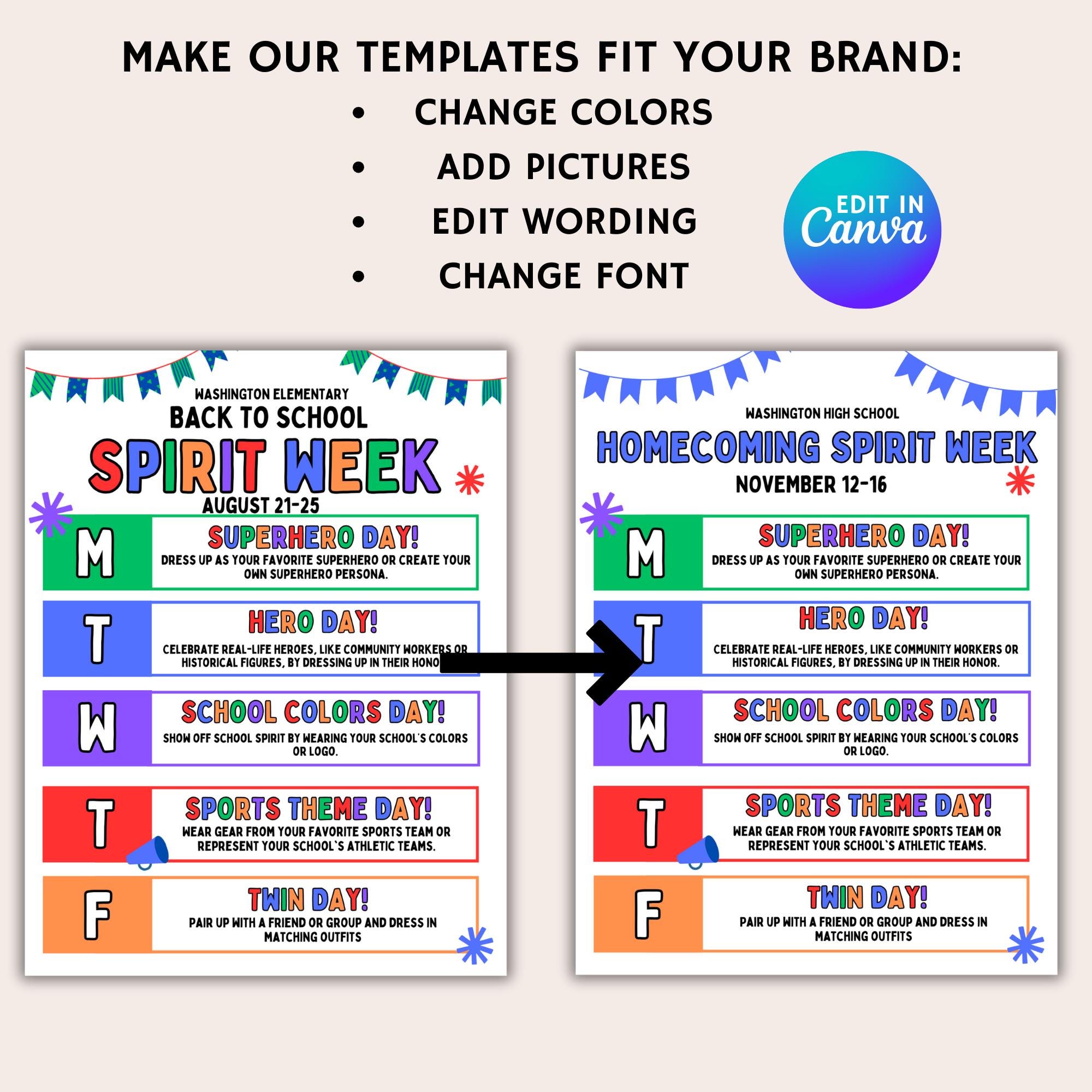Editable Spirit Week Flyer Templates: School Events (canva Digital ...