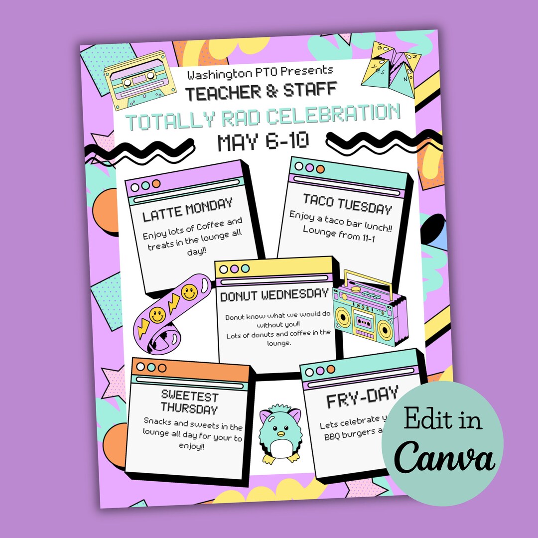 90s Retro Teacher Appreciation Schedule: Printable Itinerary (canva ...
