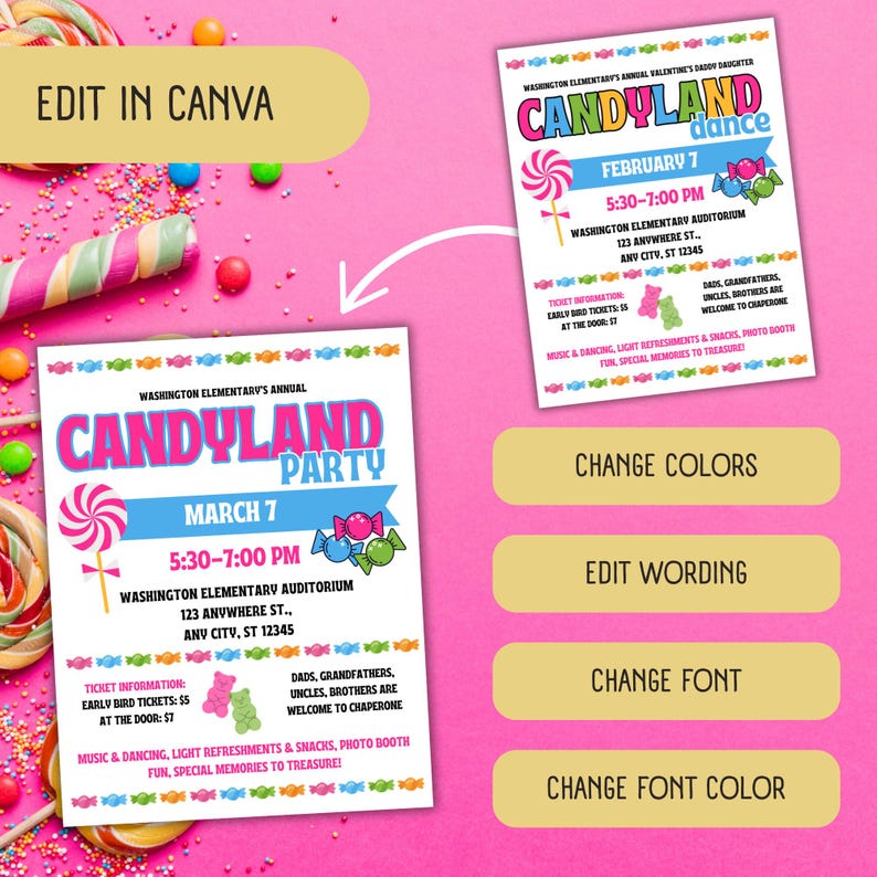 Editable Candyland Dance Flyer: Spring Fling Invitation (canva Template ...