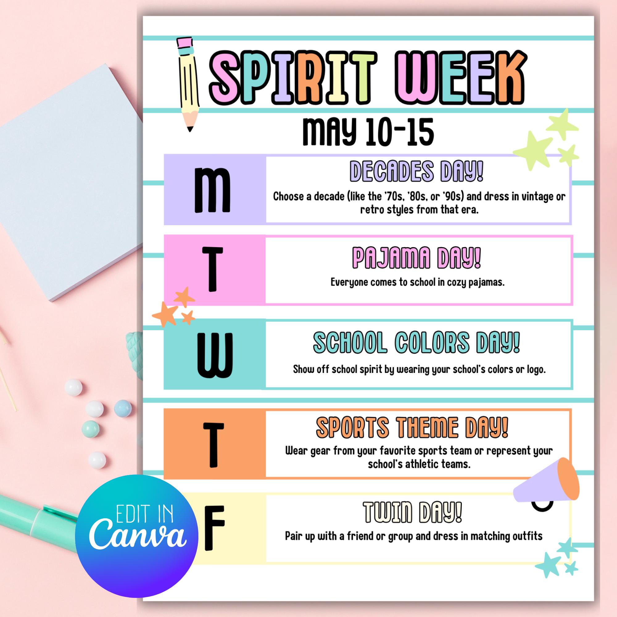 Editable Spirit Week Flyer Template: School Event Itinerary (canva ...