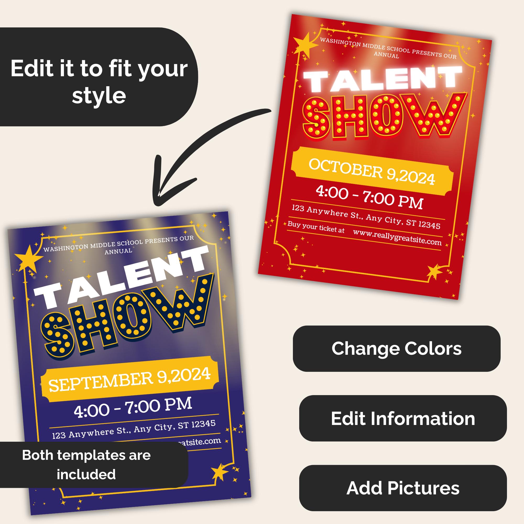 Editable Talent Show Flyer & Invitation: Canva Template (8.5x11 In) - Etsy