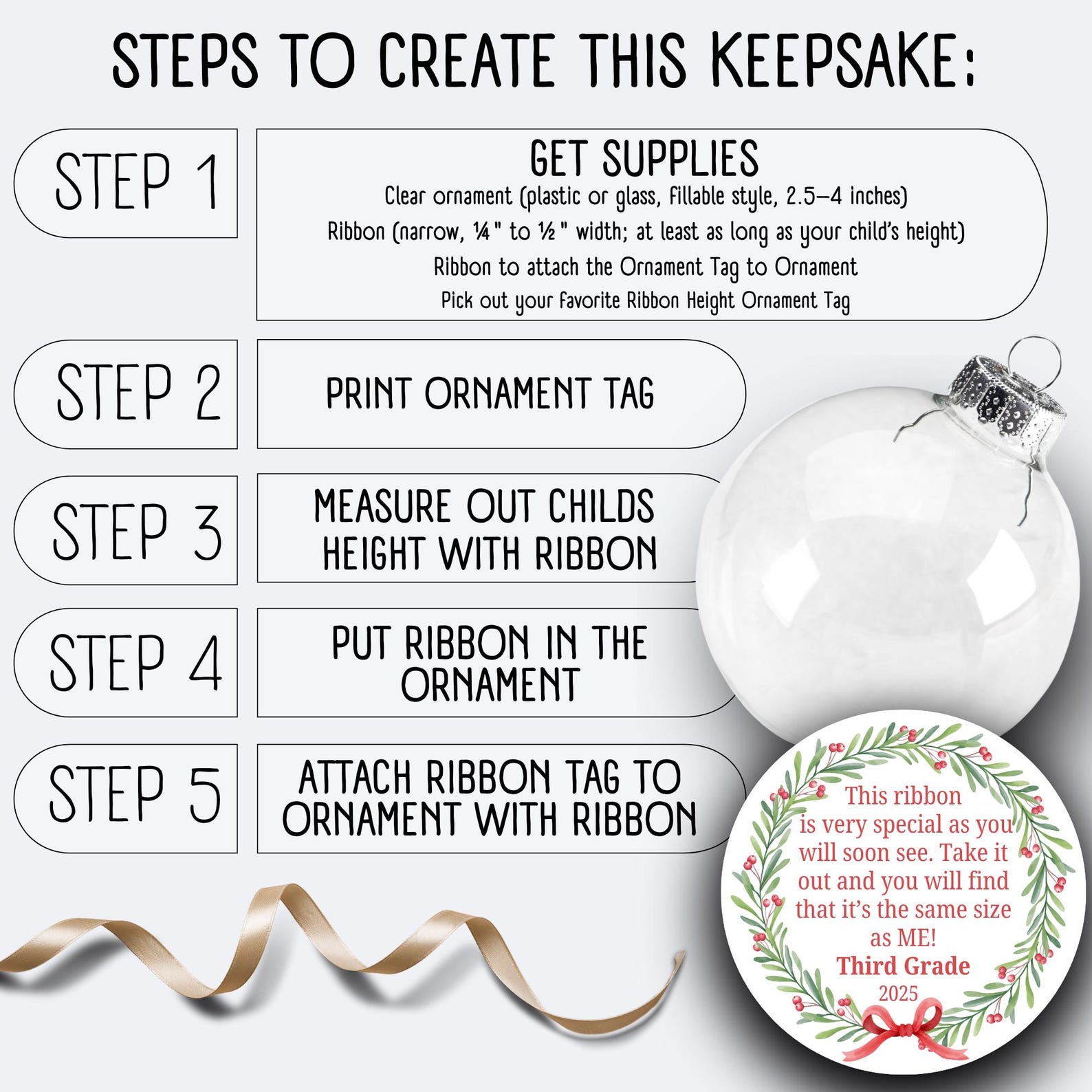 Editable Height Ribbon Ornament Tag: Christmas Keepsake (digital ...