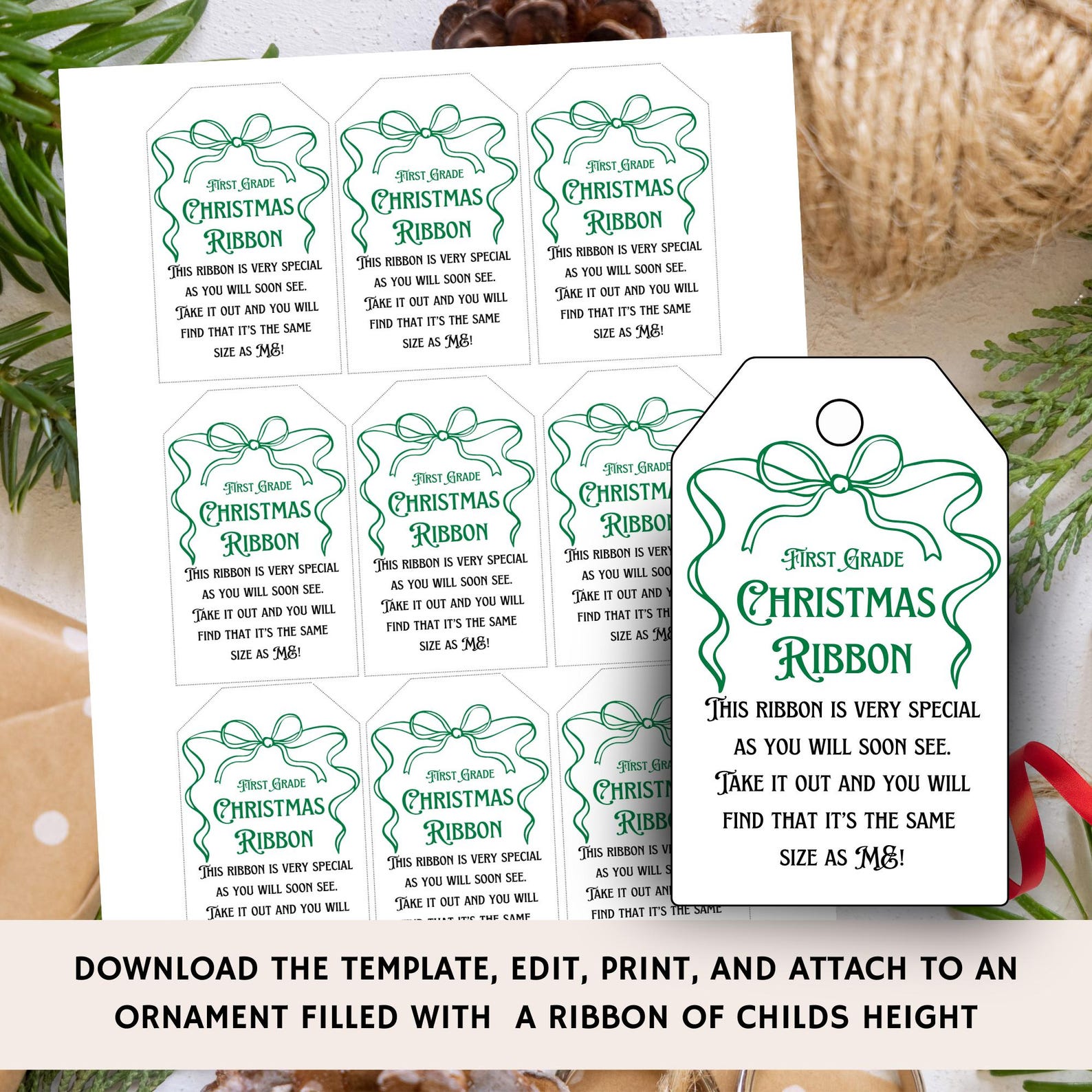 Editable Christmas Ornament Tag: Ribbon Height Keepsake (canva Template ...