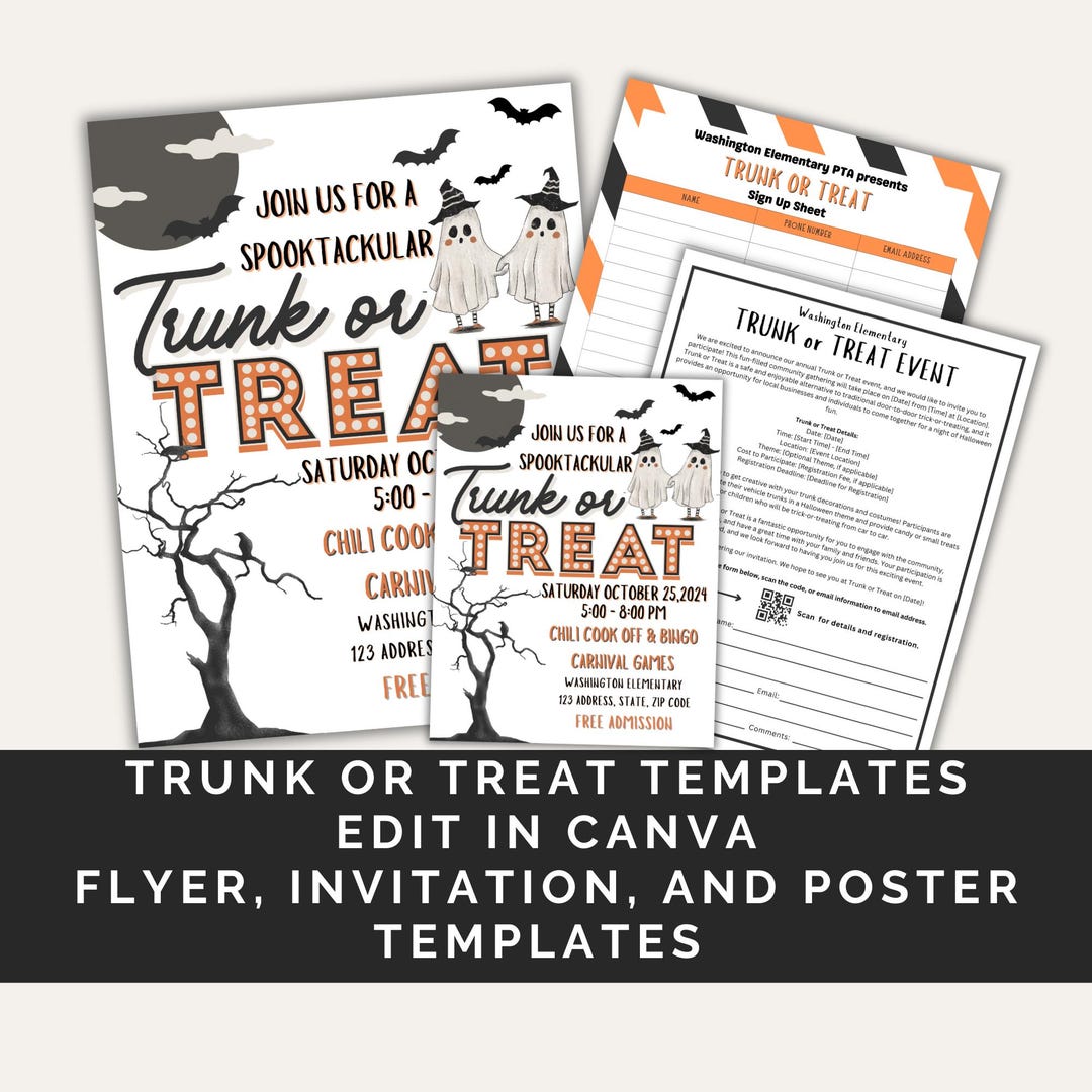 Editable Canva Trunk or Treat Kit: Halloween Flyer, Invitation, Poster ...