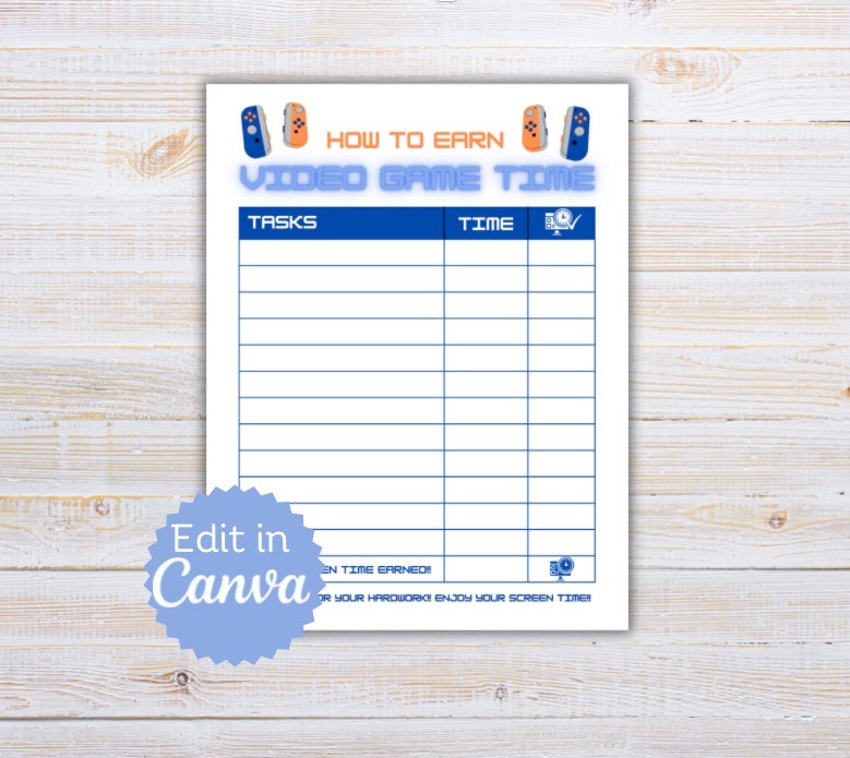 Editable Video Game Time Chart: Screen Time Checklist (canva Template ...