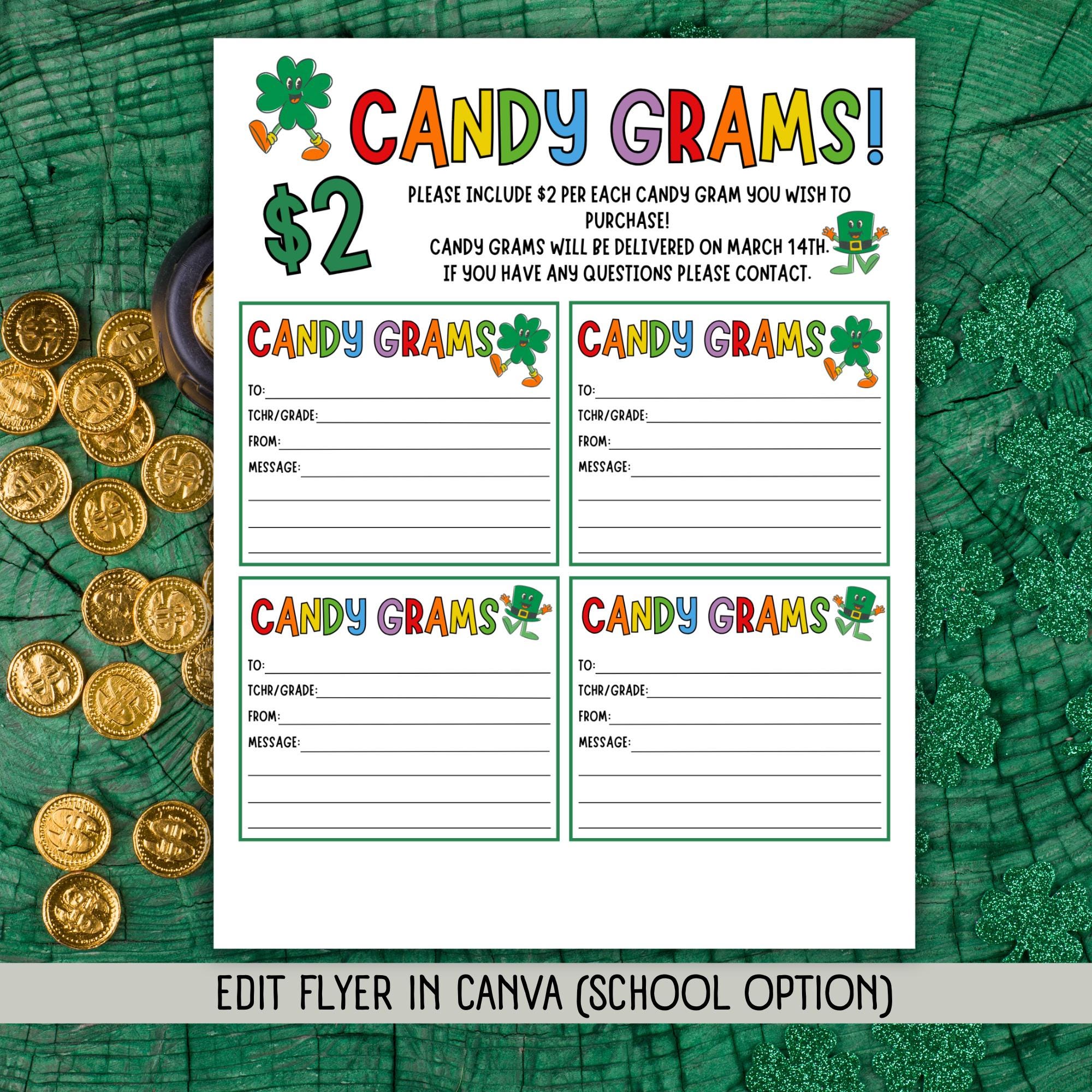 St. Patrick's Day Candy Gram Tags: Printable PTO Fundraiser (canva ...