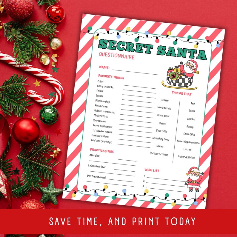 Secret Santa Questionnaire, Holiday Gift Exchange (digital Download) - Etsy