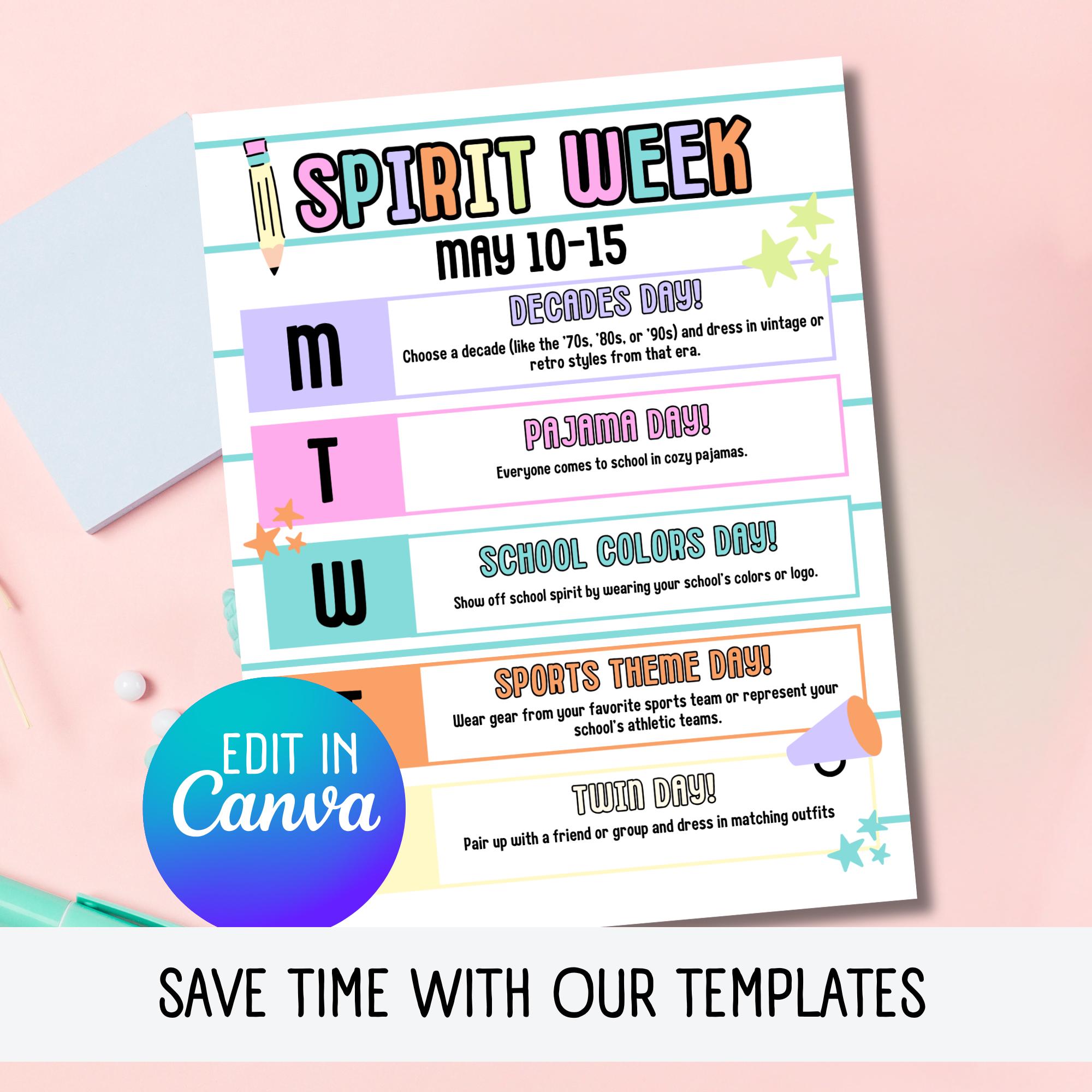 Editable Spirit Week Flyer Template: School Event Itinerary (canva ...