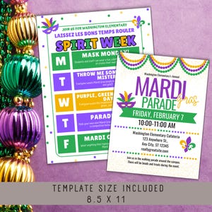 Mardi Gras Spirit Week & Parade Flyer: Editable Canva Template (8.5x11 ...