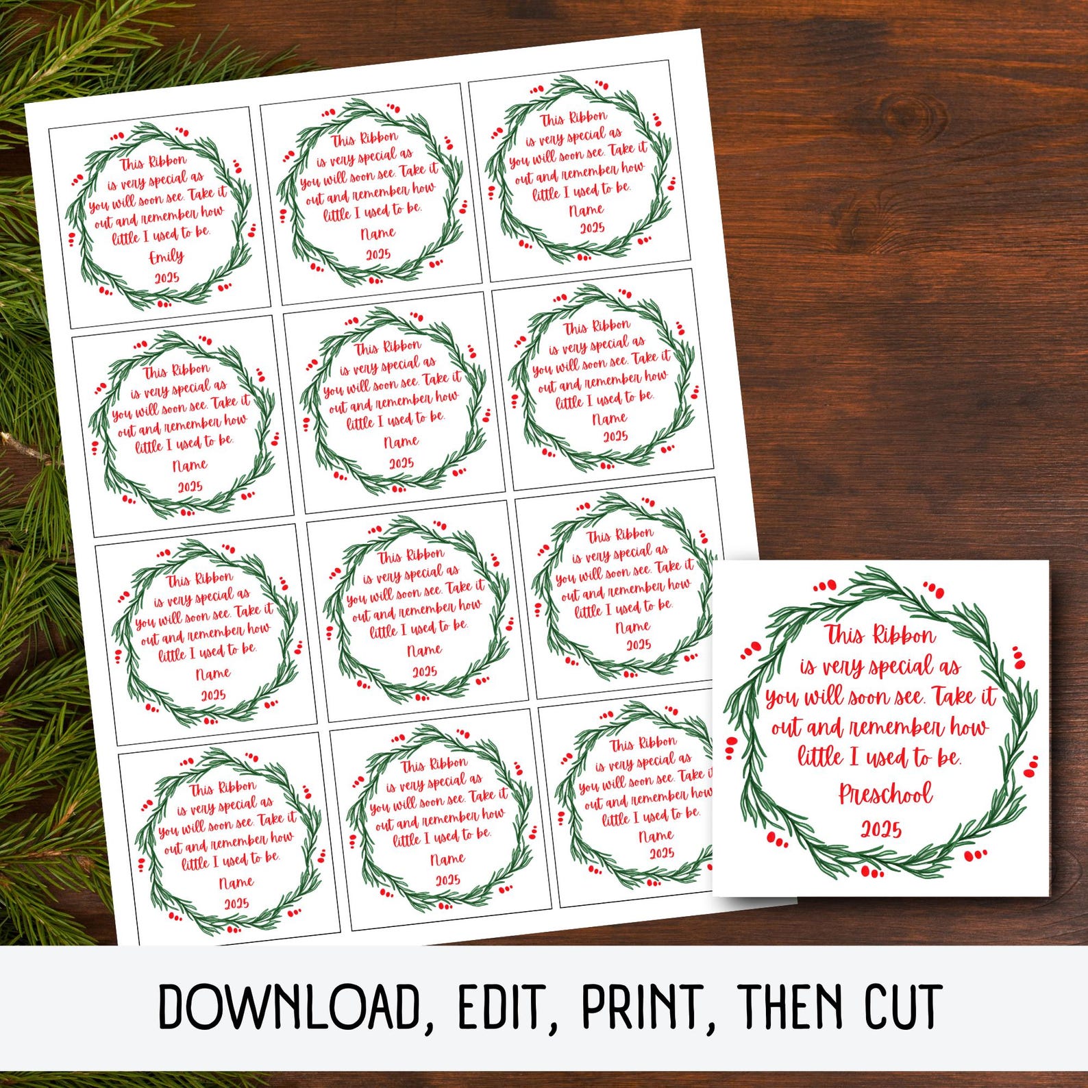 Editable Christmas Ornament Tag: Ribbon Height Keepsake (canva Template ...