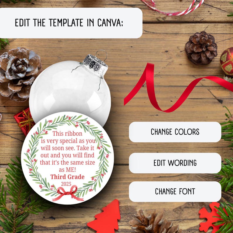 Editable Height Ribbon Ornament Tag: Christmas Keepsake (digital ...