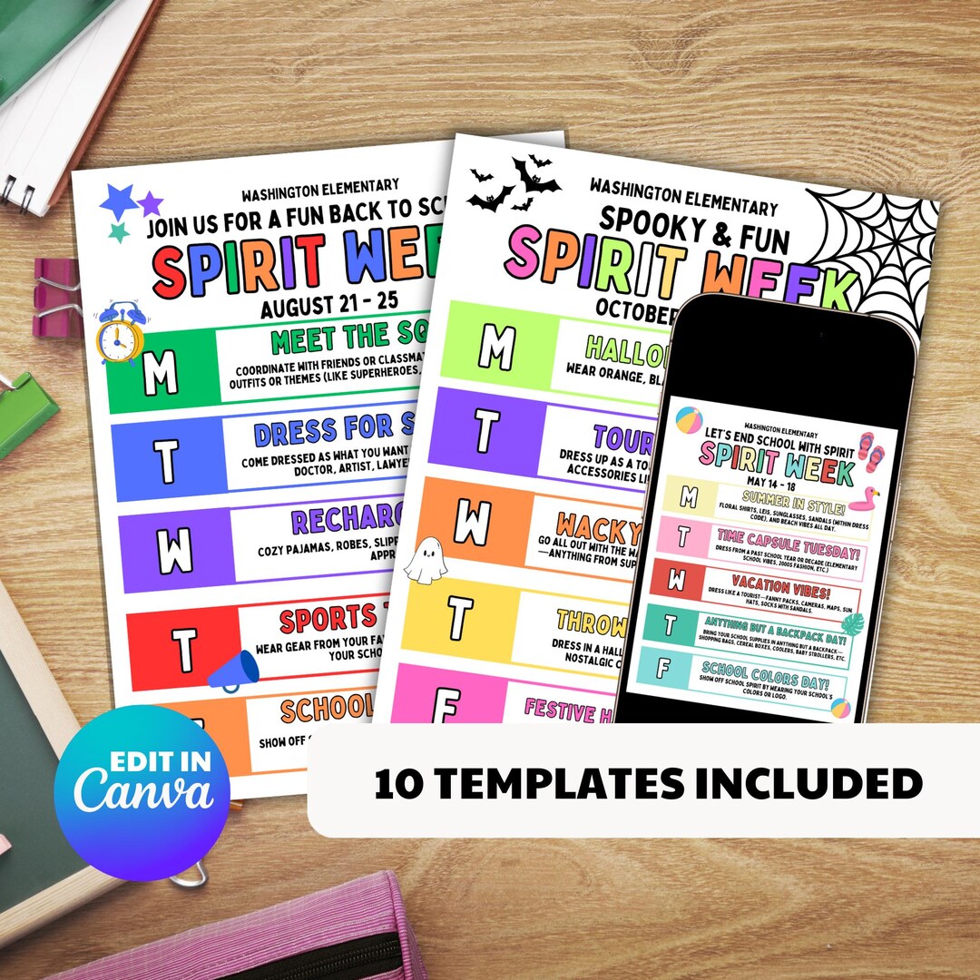 Spirit Week Flyer Bundle: 10 Editable School Event Templates (canva ...