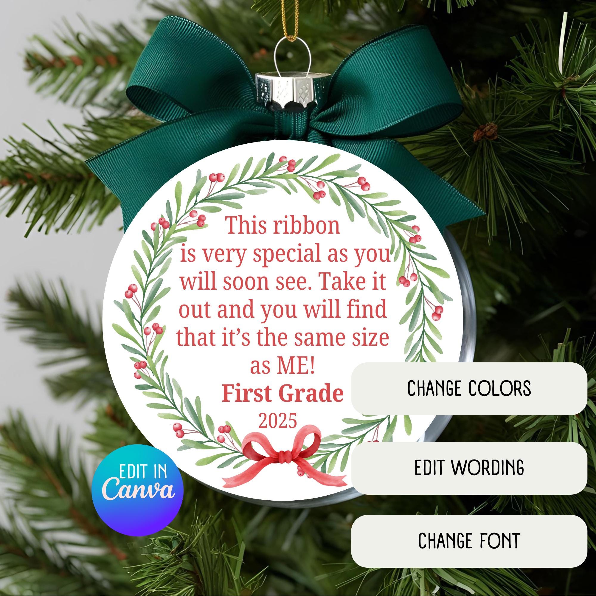 Editable Height Ribbon Ornament Tag: Christmas Keepsake (digital ...