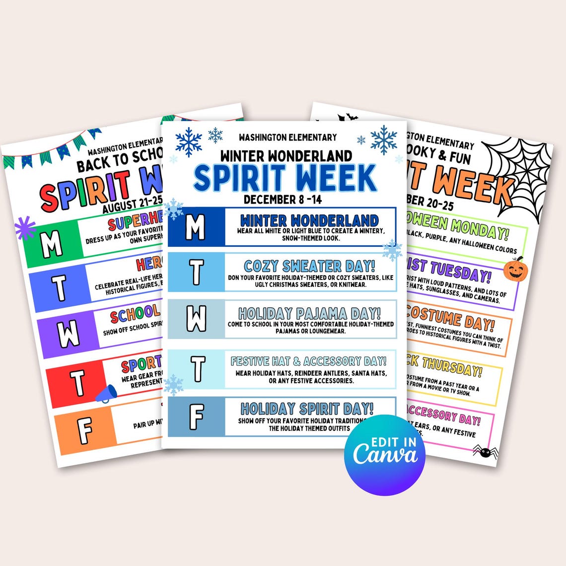 Editable Spirit Week Flyer Templates: School Event Itinerary (canva ...