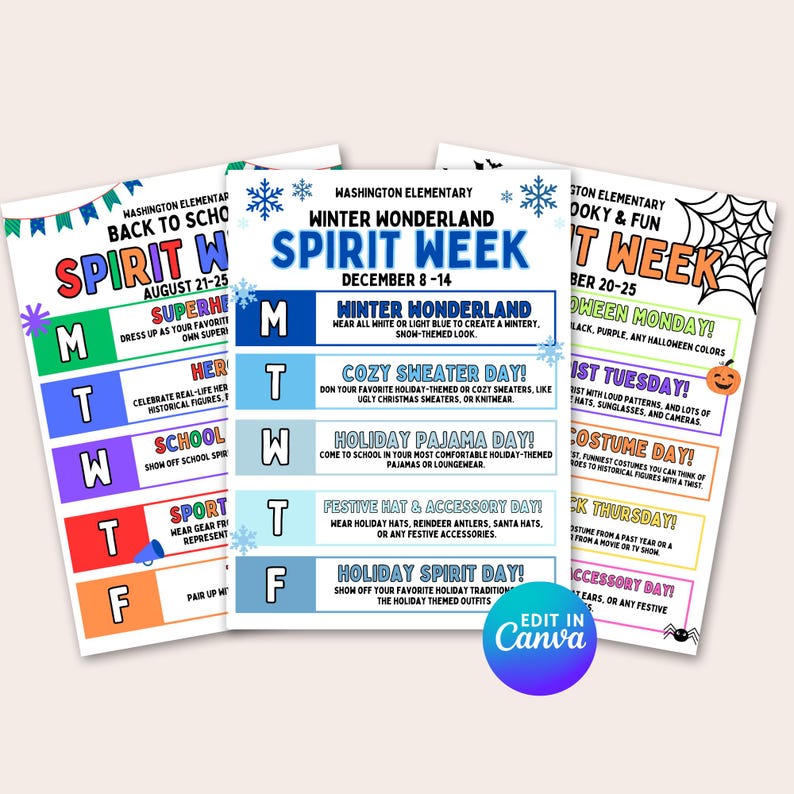 Editable Spirit Week Flyer Templates: School Event Itinerary (canva ...
