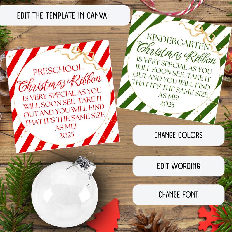 Christmas Ribbon Height Ornament Tag: Keepsake Gift (canva Editable ...