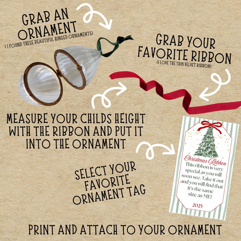 Editable Christmas Ornament Tag: Ribbon Height Keepsake (digital ...