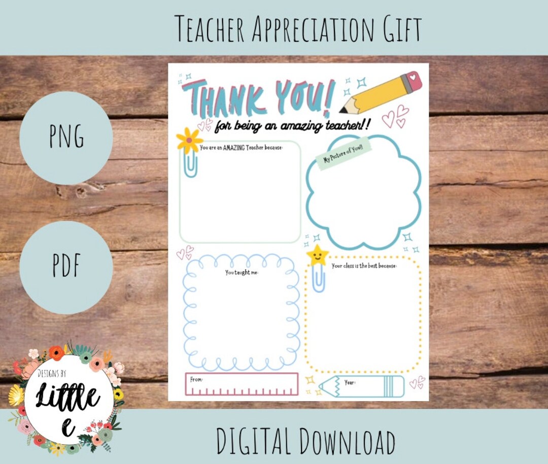 Teacher Appreciation Questionnaire, Thank You Note, Teacher Thank You ...