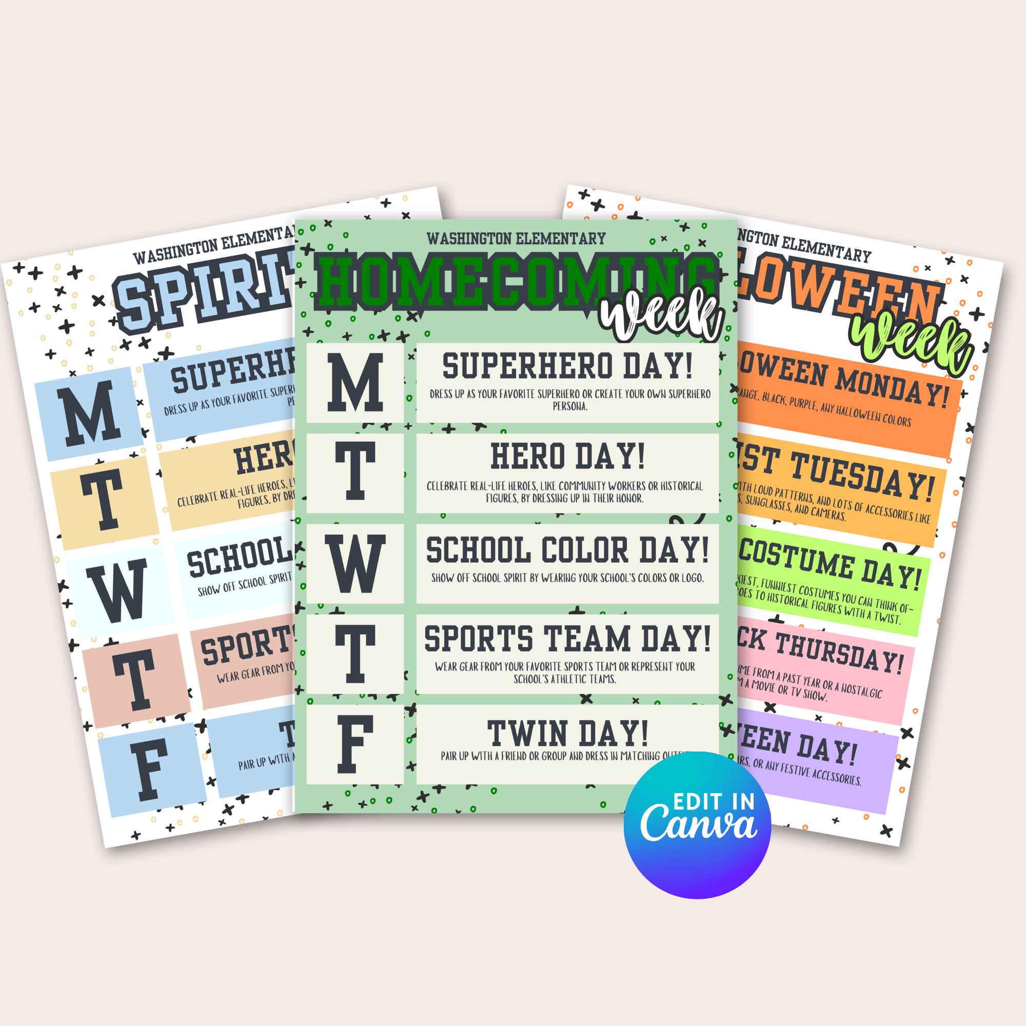 Editable Spirit Week Template: Canva Design (digital Download) - Etsy