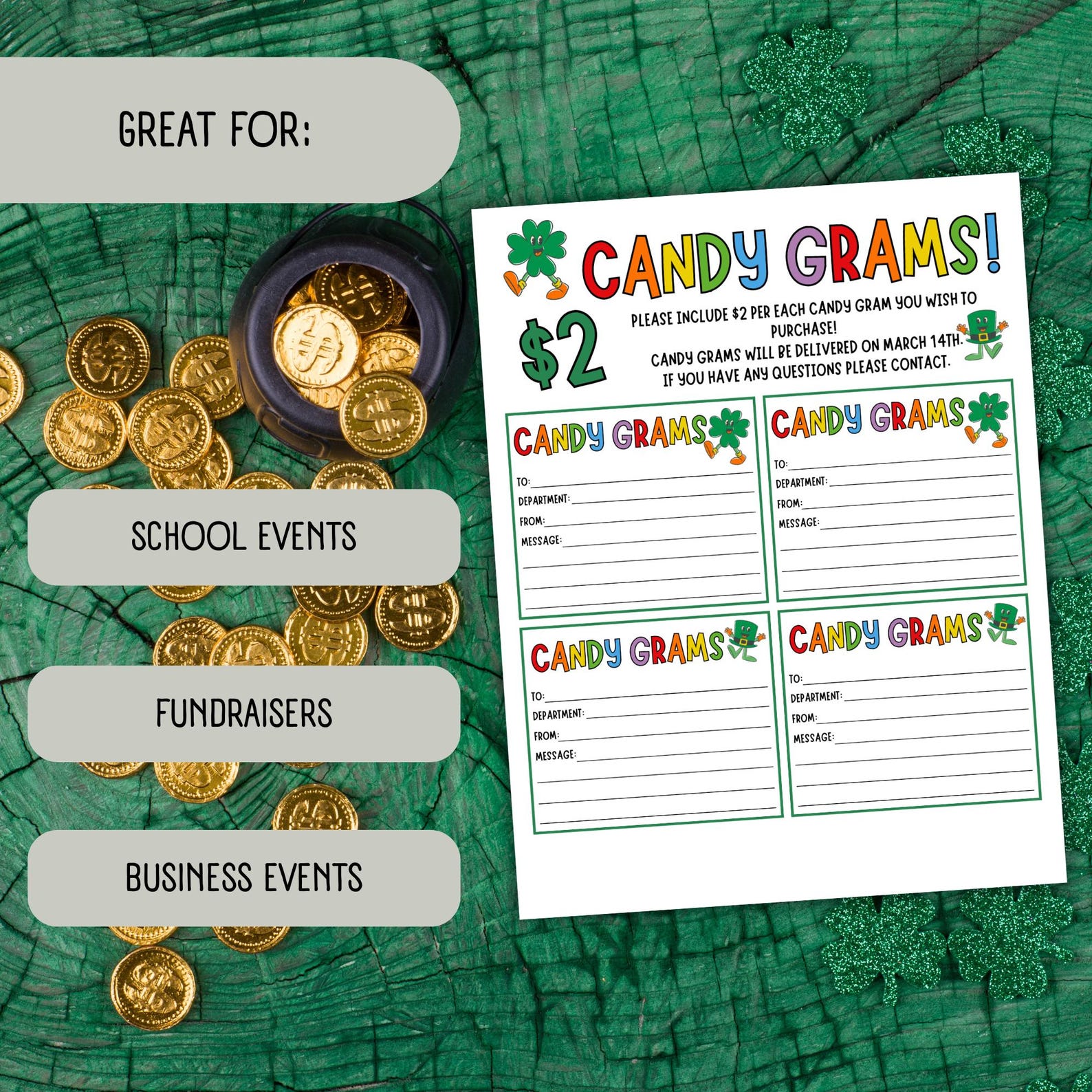 St. Patrick's Day Candy Gram Tags: Printable PTO Fundraiser (canva ...