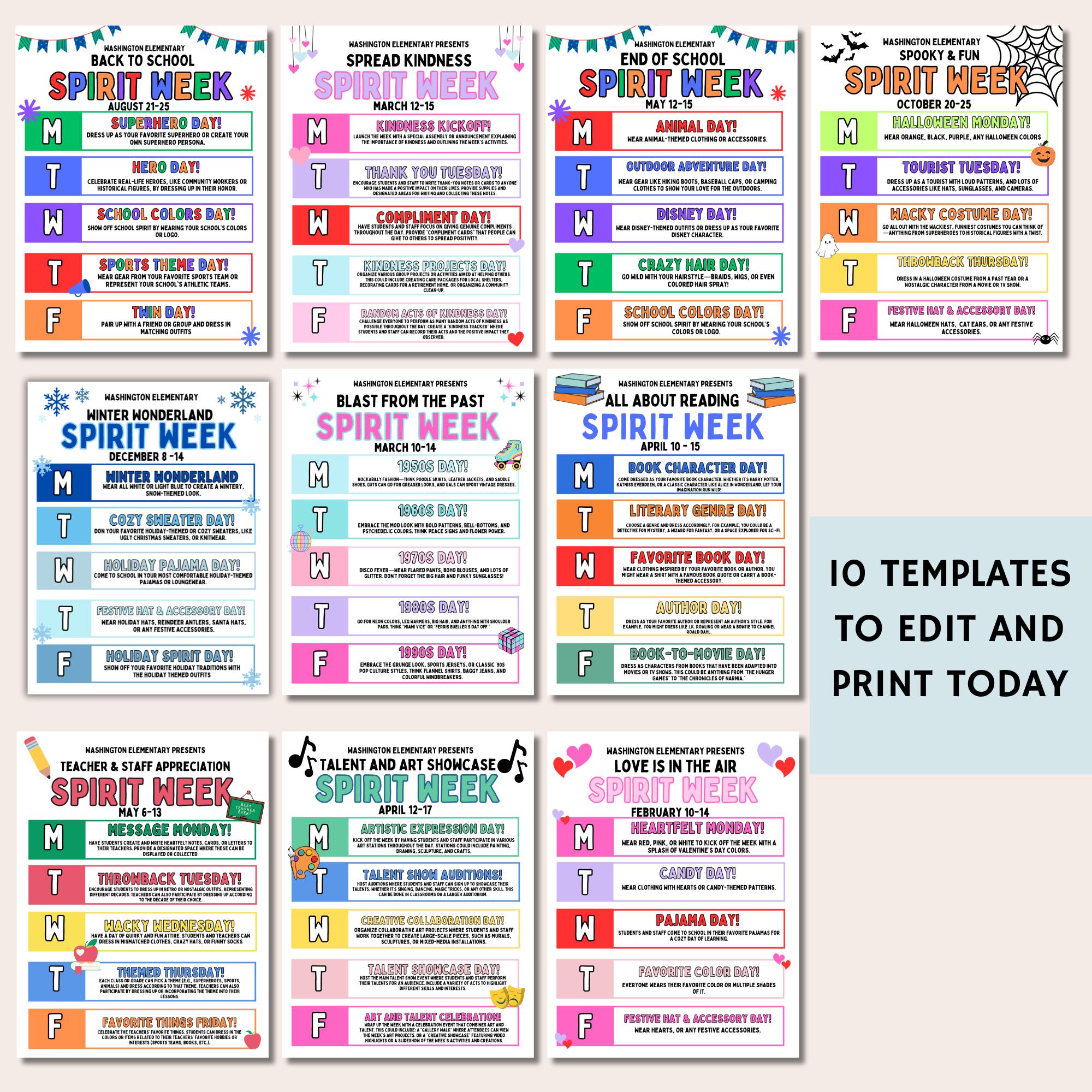 Editable Spirit Week Flyer Templates: School Event Itinerary (canva ...