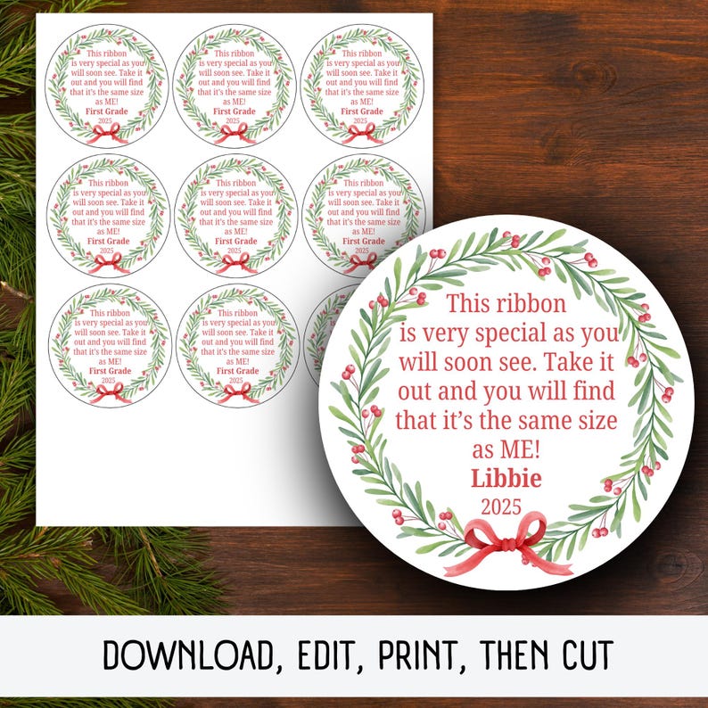 Editable Height Ribbon Ornament Tag: Christmas Keepsake (digital ...