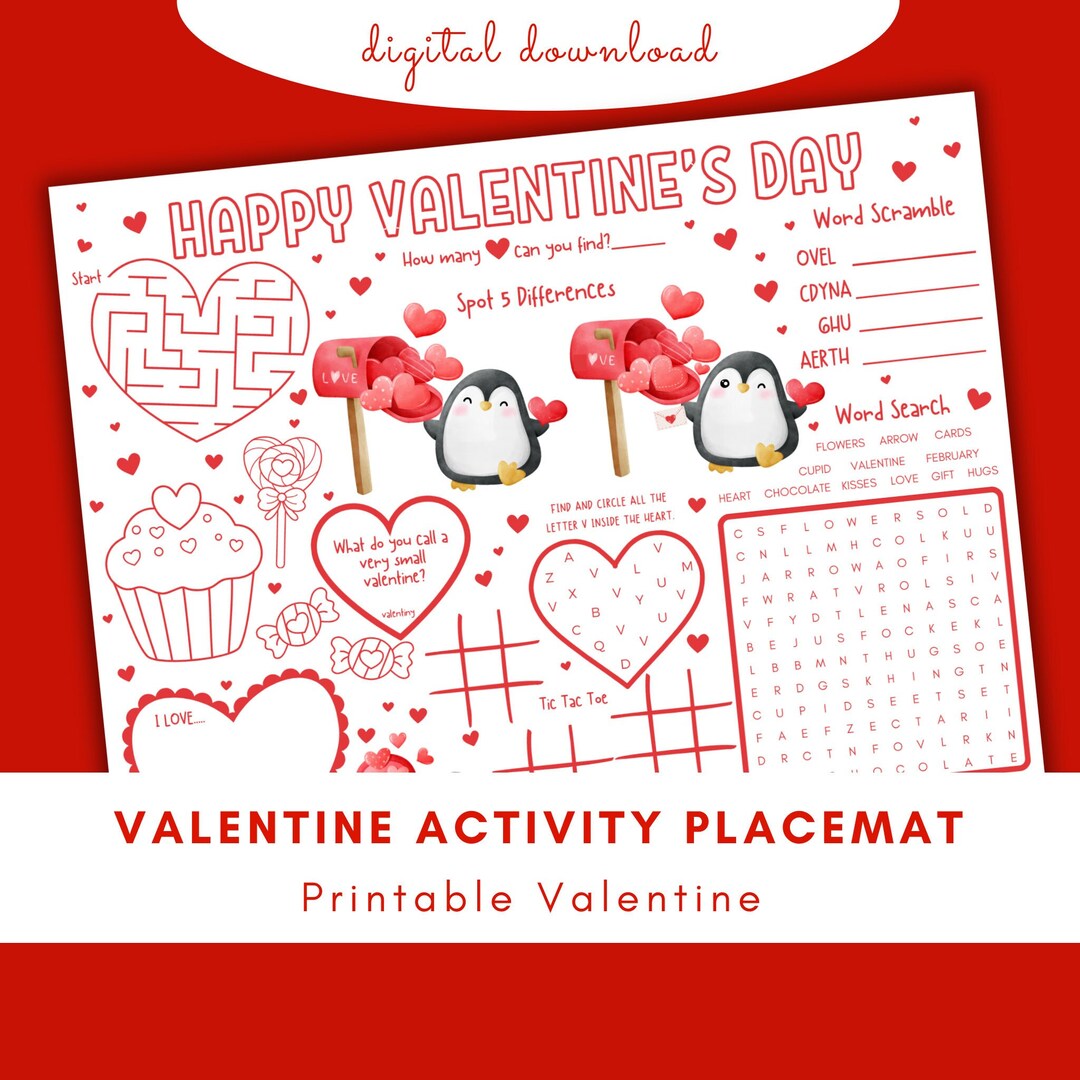 Valentine's Day Activity Placemat: Fun Games & Coloring (digital ...