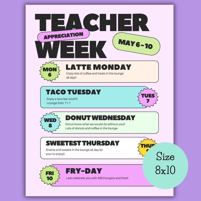 Teacher Appreciation Week Schedule Flyer: Editable Canva Template (8x10 ...