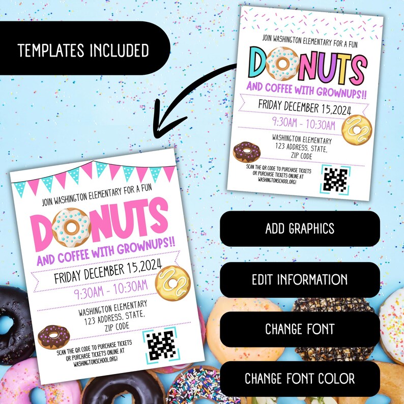 Donuts With Grownups Flyer: Editable Canva Template (digital Download ...