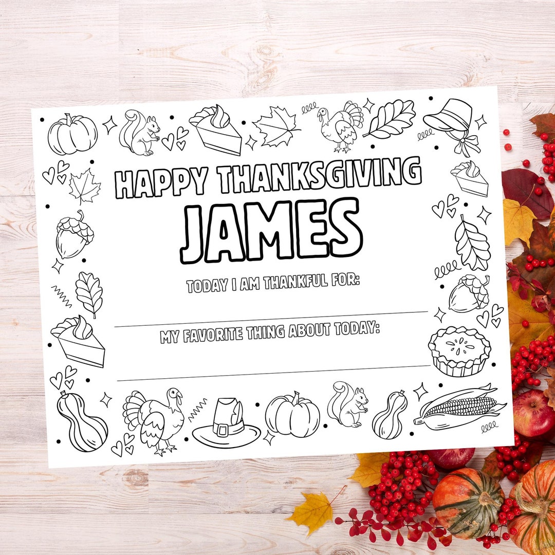 Personalized Thanksgiving Placemat: Kids Coloring Activity (digital ...