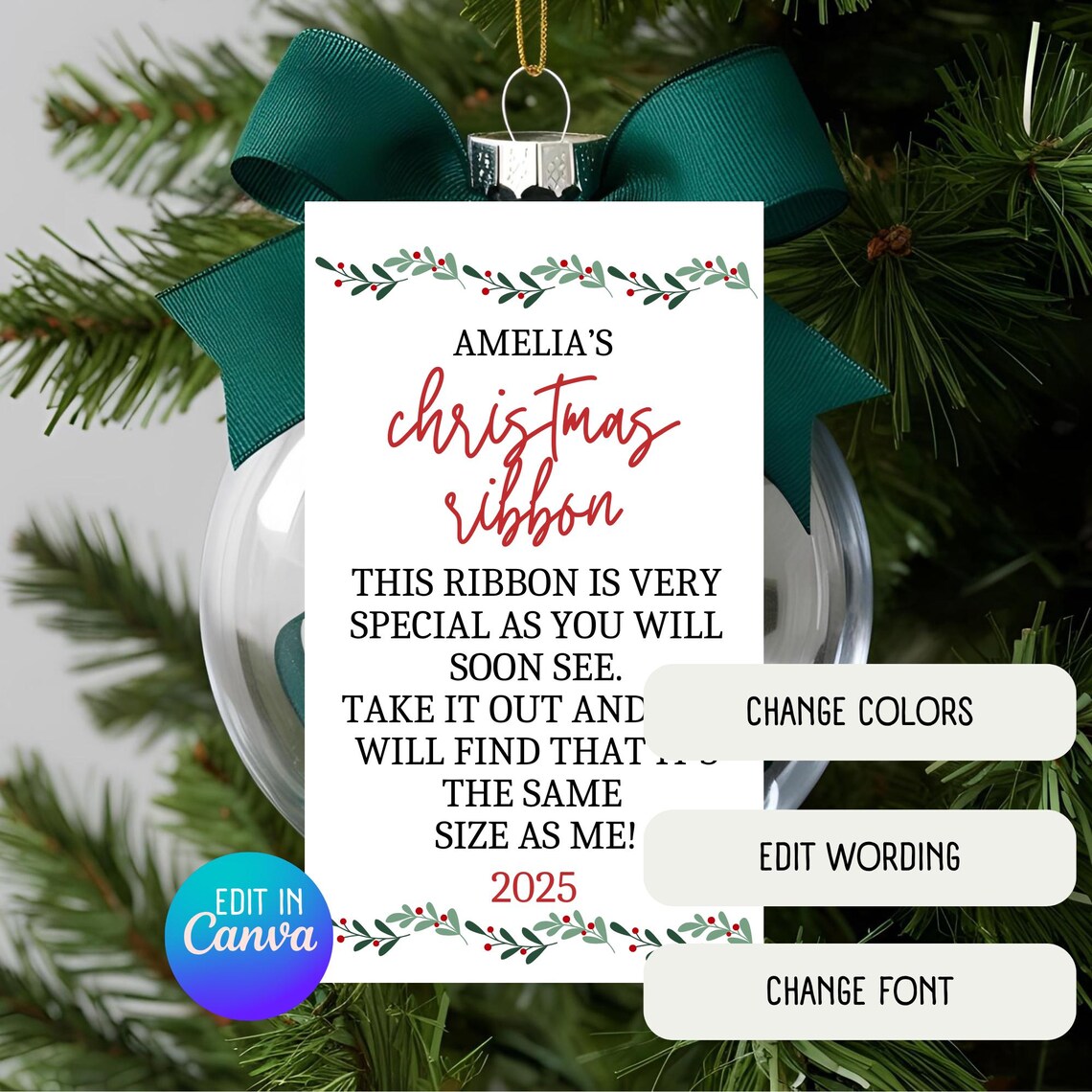 Editable Ribbon Height Ornament Tag: DIY Christmas Keepsake (canva ...
