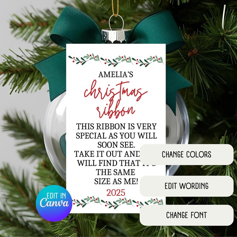 Editable Ribbon Height Ornament Tag: DIY Christmas Keepsake (canva ...