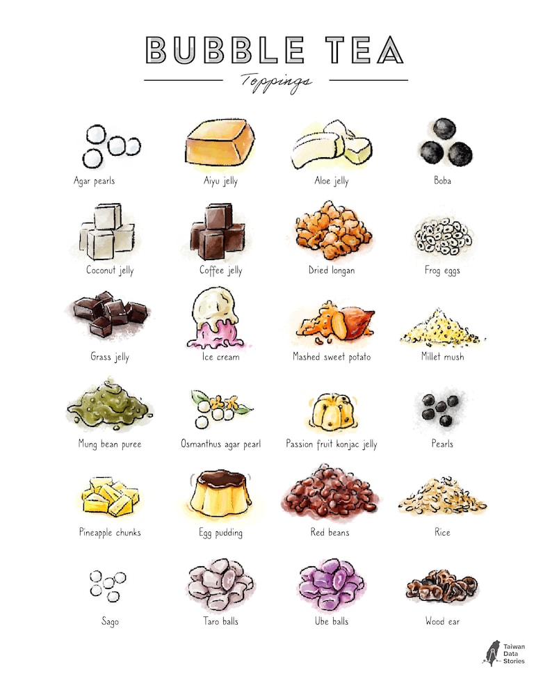 Bubble Tea Toppings Art Print | Boba Tea Drink Toppings Poster | Yummy ...