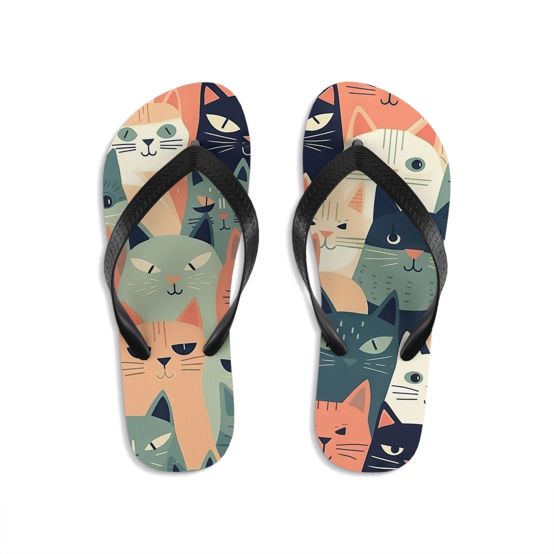 Cute Cat Faces Flip Flops, Adorable Everyday Style, Paster Colors ...