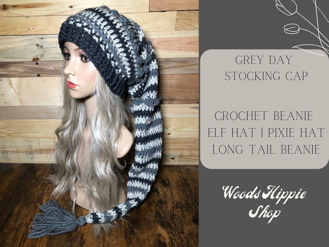 Boho Grey Day Stocking Cap Crochet Beanie Elf Hat Pixie Hat Long Tail ...
