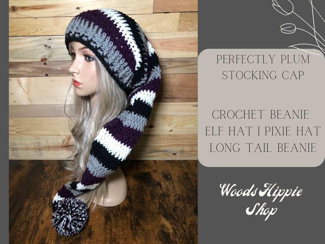 Perfectly Plum Stocking Cap Crochet Beanie Elf Hat Long Tail Beanie Hand Knit Hat - Etsy