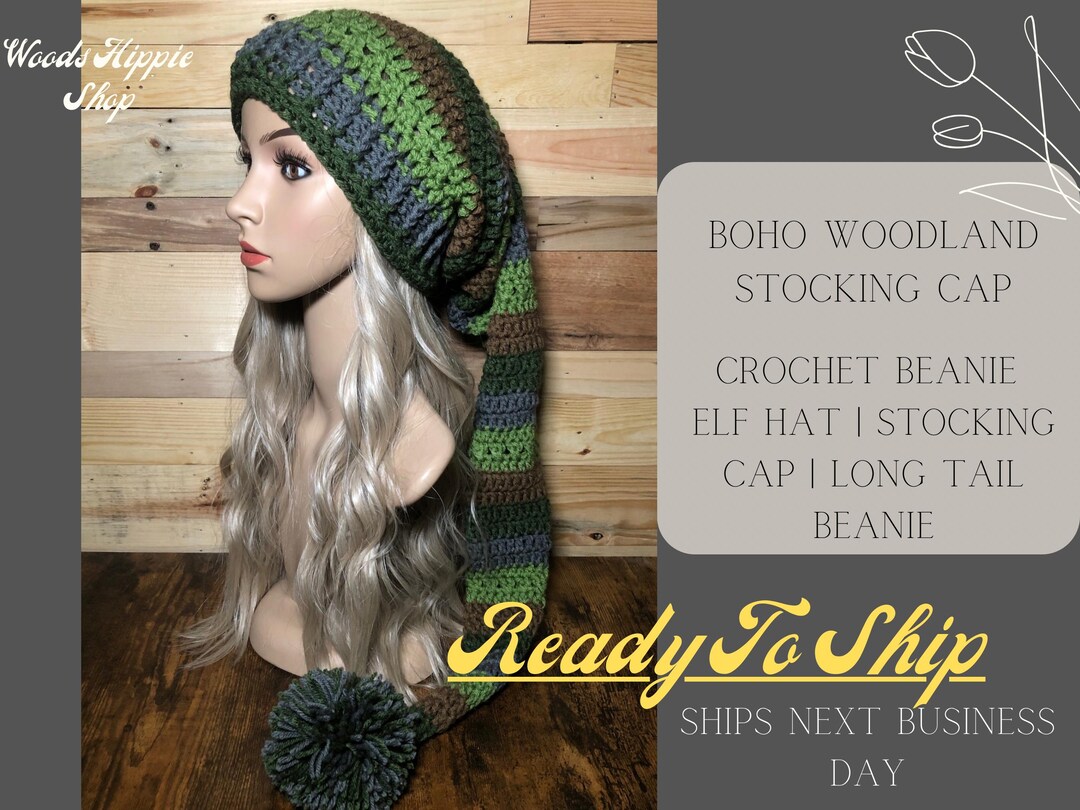 Boho Woodland Stocking Cap | Crochet Beanie | Elf Hat | Long Tail Beanie | Hand Knit Hat - Etsy