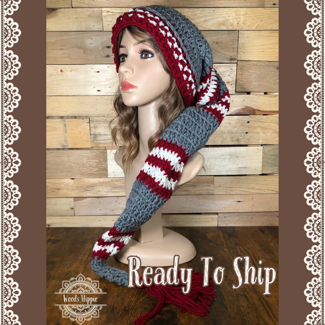Sock Monkey Stocking Cap | Crochet Beanie | Elf Hat | Pixie Hat | Long ...
