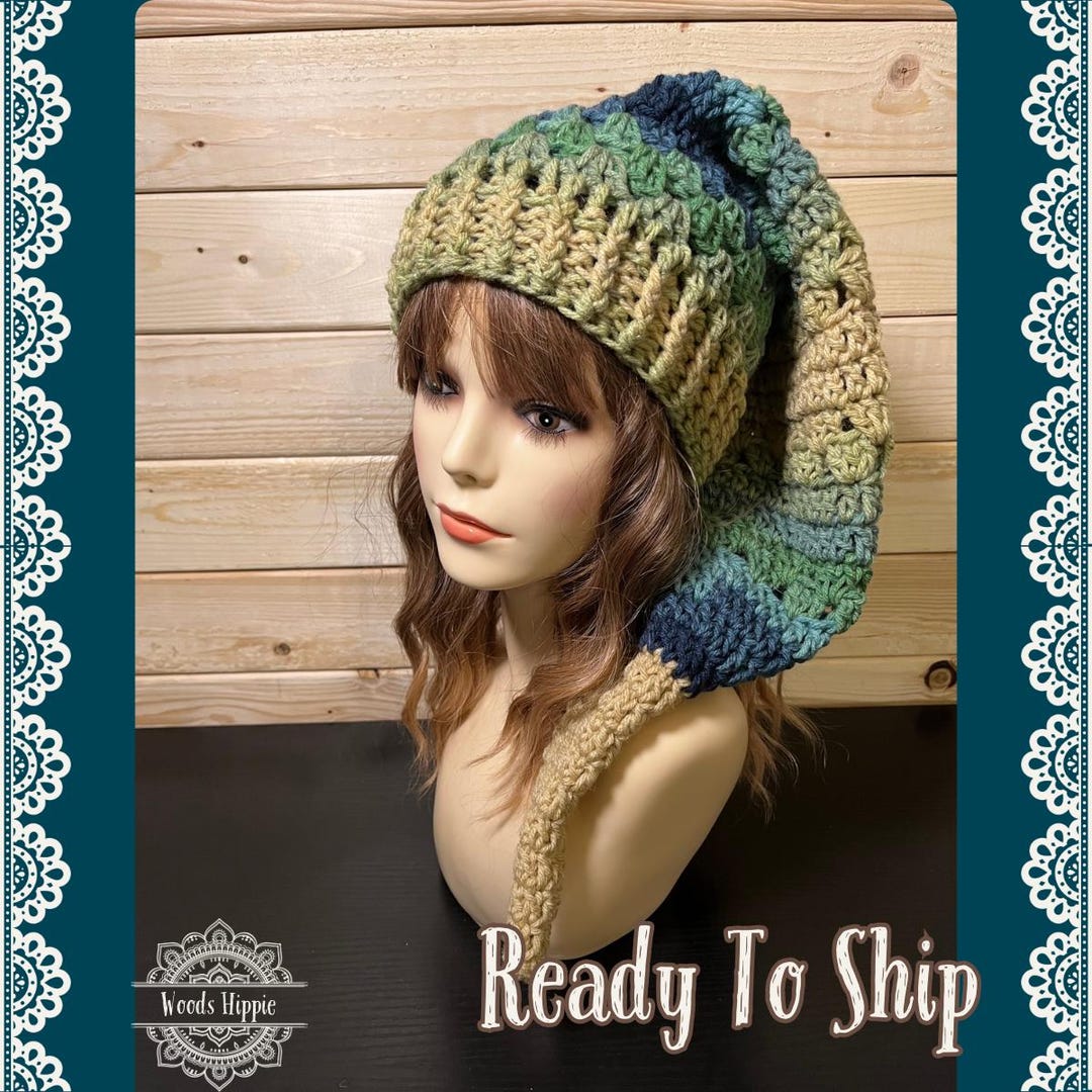 Moss & Sky Mid Length Stocking Cap | Crochet Beanie | Elf Hat | Long ...