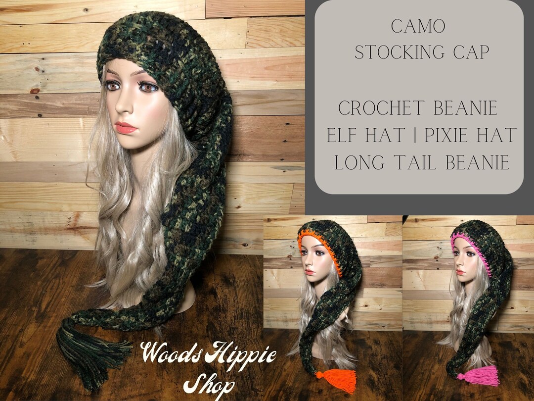 Camo Stocking Cap Crochet Beanie Elf Hat Long Tail Beanie Hand Knit Hat ...