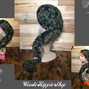 Camo Stocking Cap Crochet Beanie Elf Hat Long Tail Beanie Hand Knit Hat ...