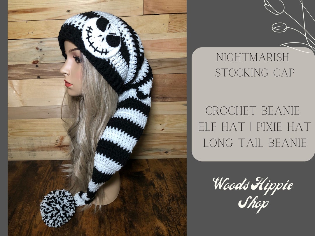 Nightmarish Stocking Cap Crochet Beanie Elf Hat Long Tail Beanie Hand ...