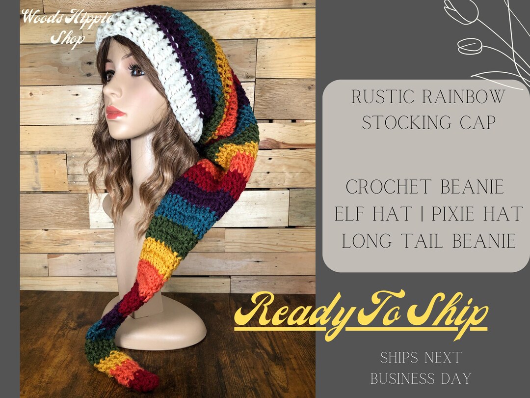 Rustic Rainbow Stocking Cap Crochet Beanie Elf Hat Pixie Hat Long Tail ...