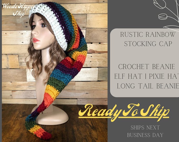 Rustic Rainbow Stocking Cap | Crochet Beanie | Elf Hat | Pixie Hat ...