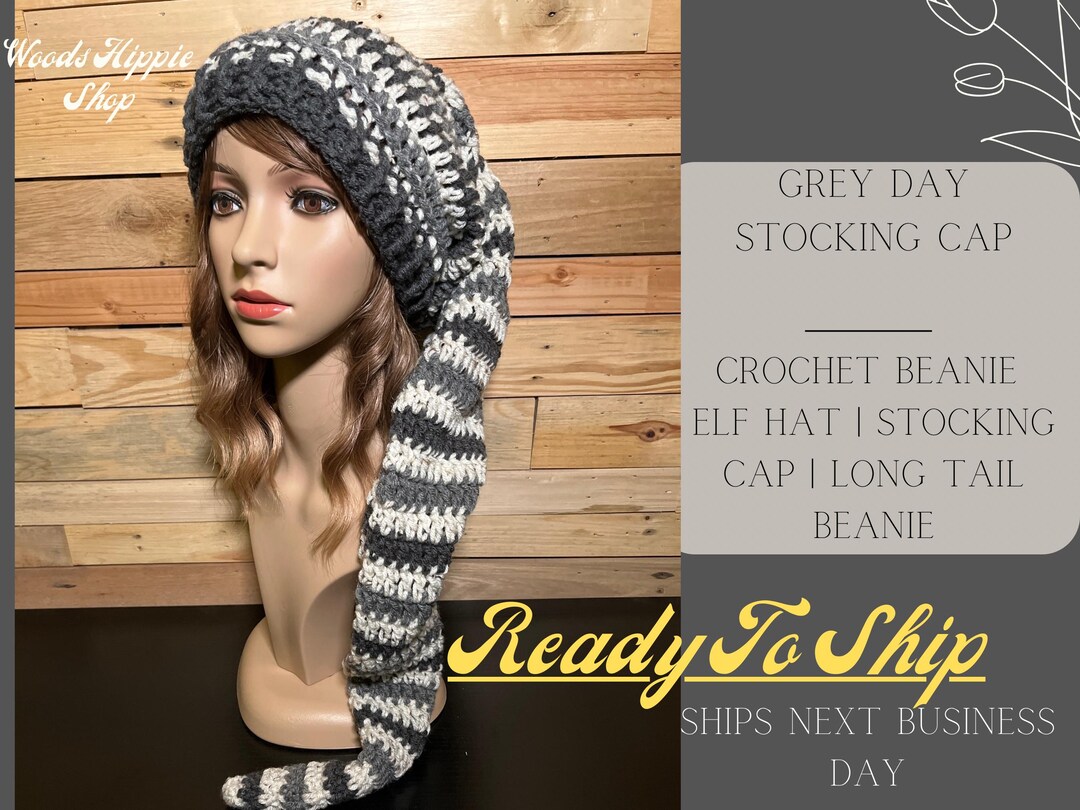 Boho Grey Day Stocking Cap Crochet Beanie Elf Hat Pixie Hat Long Tail ...