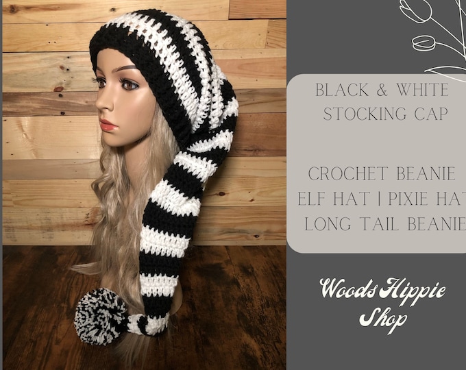 Black & White Stocking Cap | Crochet Beanie | Elf Hat | Long Tail Beanie | Hand Knit Hat ...